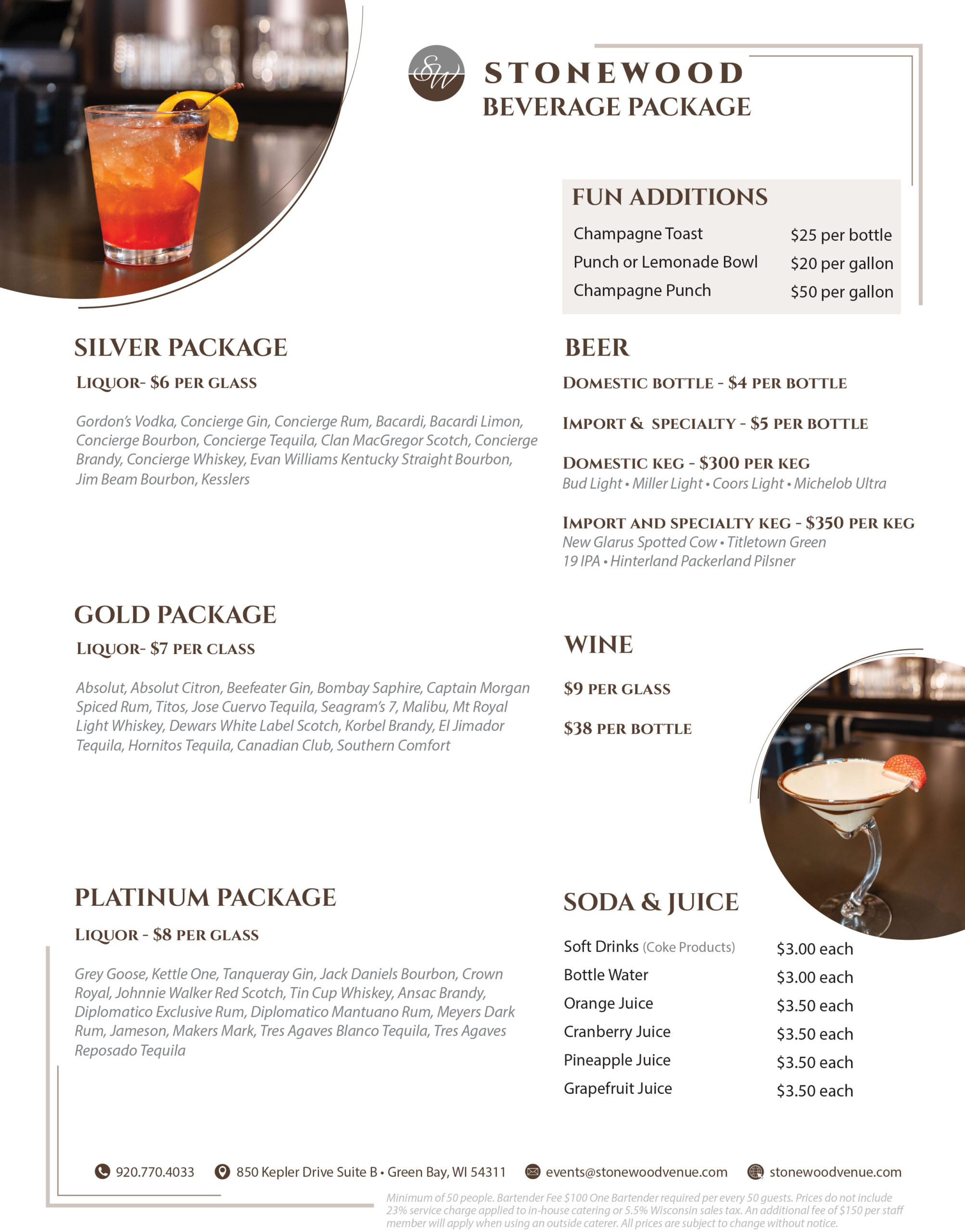 Cuisine menu for events in Green Bay, WI - Stonewood Venue