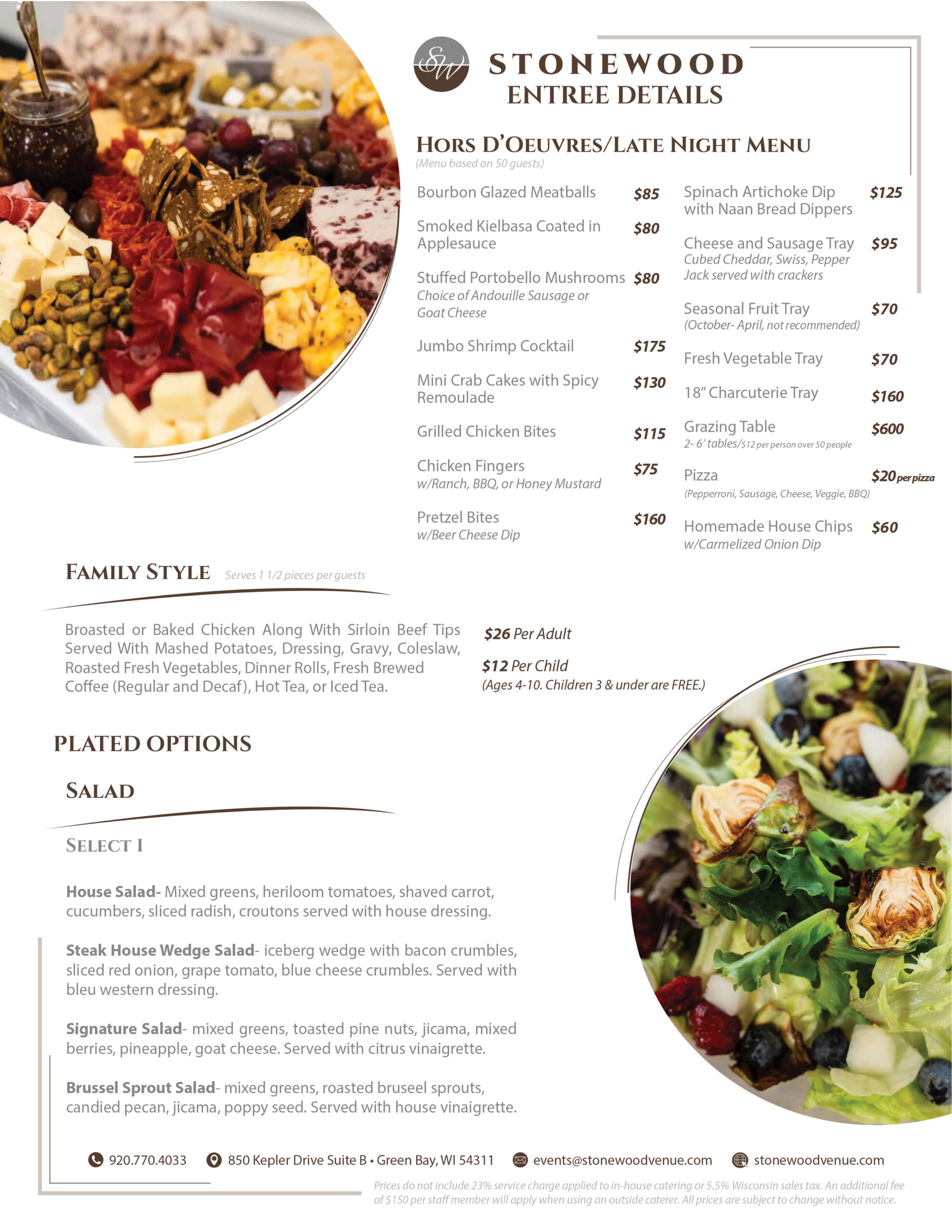 Cuisine menu for events in Green Bay, WI - Stonewood Venue